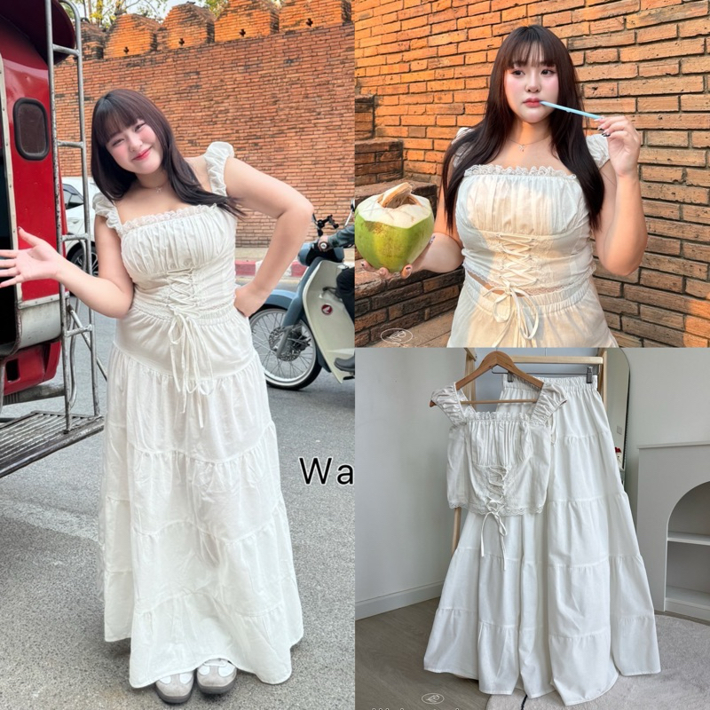 Set2ชิ้น เสื้อครอปแต่งลูกไม้+กระโปรงยาว งานสาวอวบ อก38-52นิ้ว (มีไซซ์) | Shopee Thailand