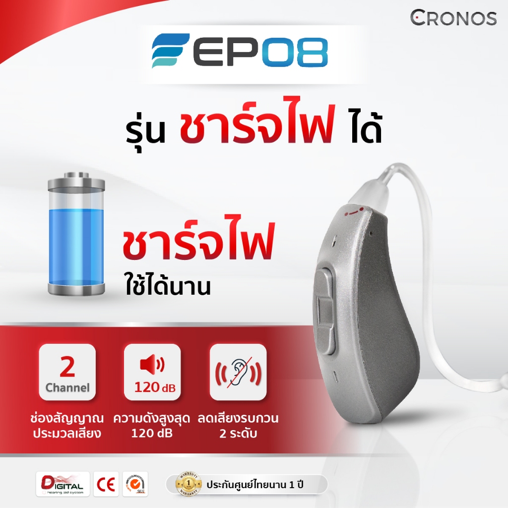 CRONOS รุ่น EP08 เครื่องช่วยฟังดิจิตอล รุ่นชาร์จไฟ (ใหม่ล่าสุด) 2ชาแนล ลดเสียงรบกวนอัตโนมัติ ...