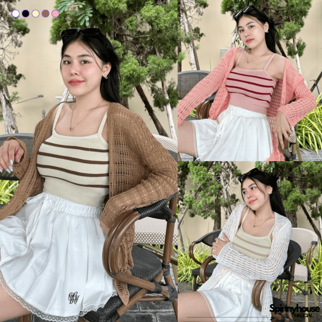 🌈SpinnyHouse🌈งานเซต2ชิ้น เสื้อกล้ามสายเดี่ยว+เสื้อคลุมถักตาข่าย 🔔 งานไหมพรม สาวอวใส่ได้จ้า ผ้า ...