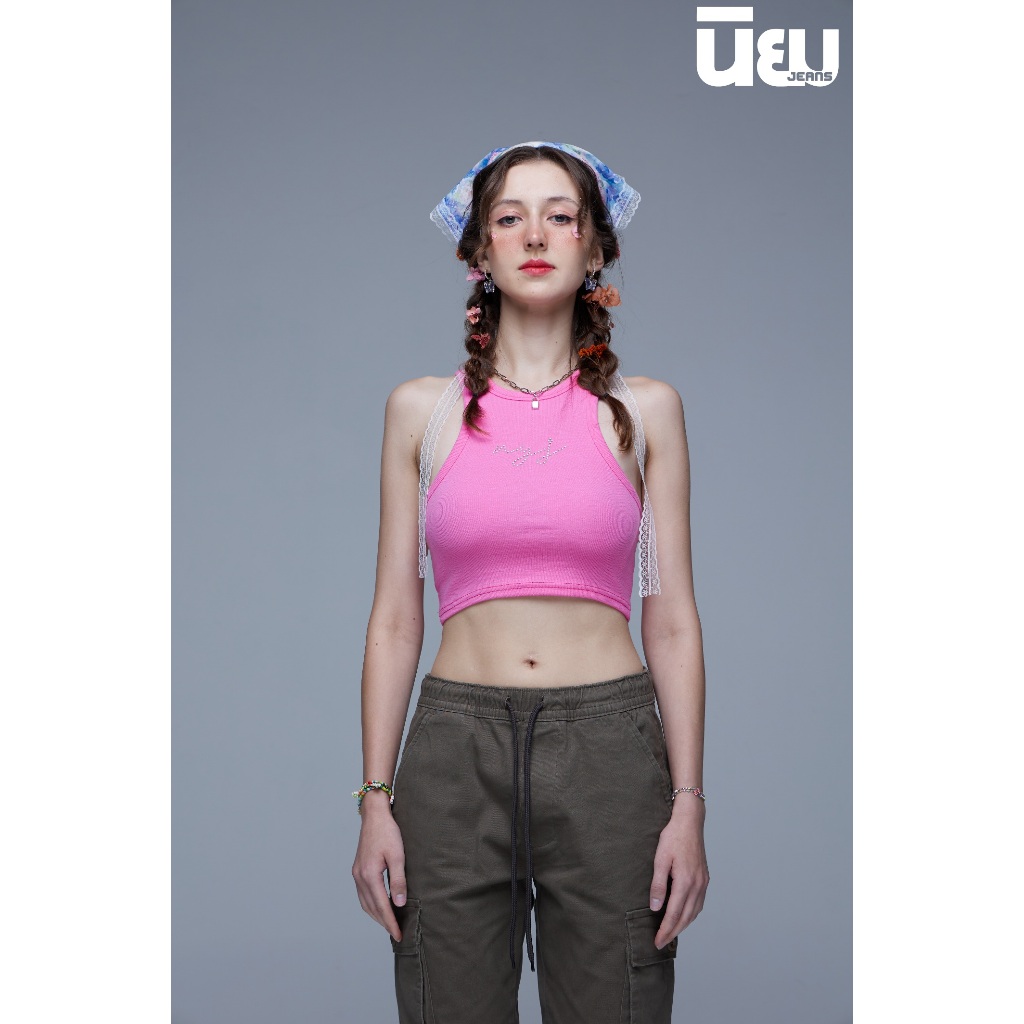 Niyom Jeans : รุ่น TSK-03 เสื้อครอปแขนกุด สีชมพู | Shopee Thailand