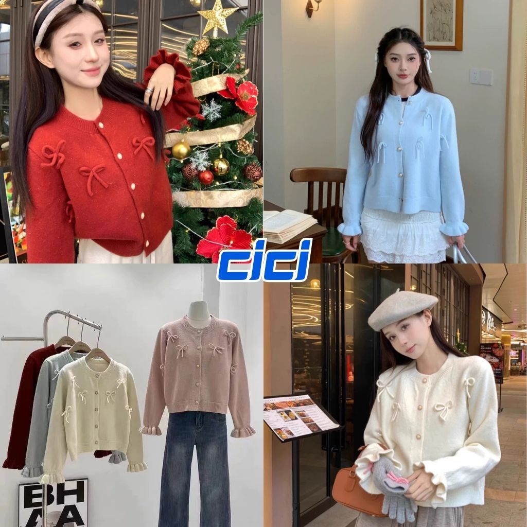 Cici (No.A2162) เสื้อแขนยาวไหมพรมลูกคุณ แต่งโบว์ 3 มิติ กระดุมมุก แขนระบาย สีสวยสดใส | Shopee ...