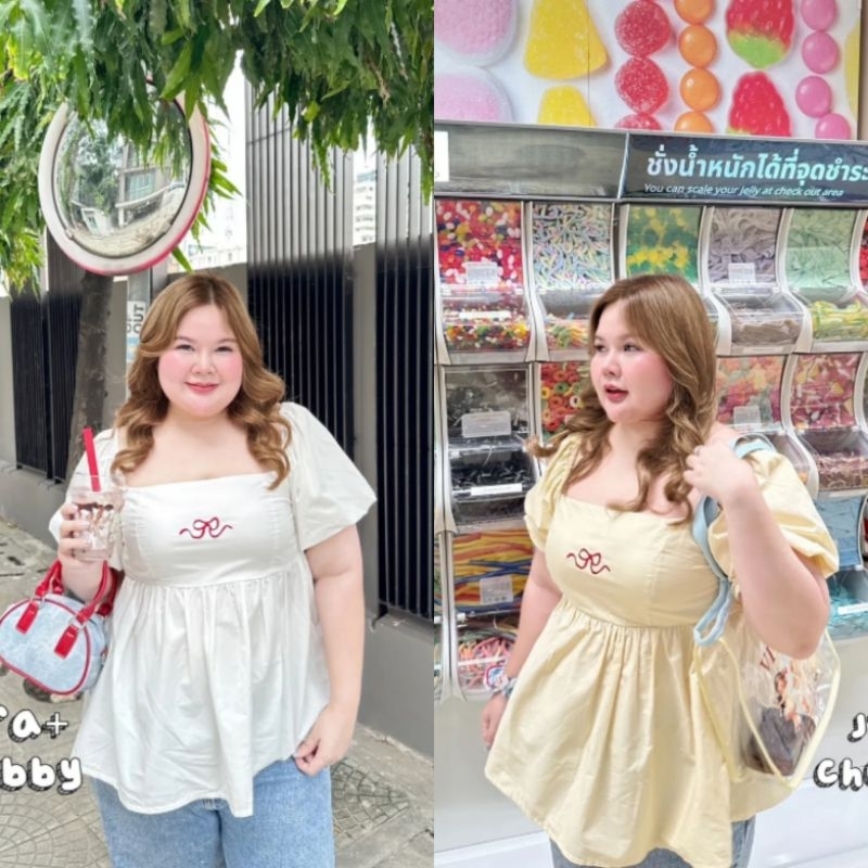 เสื้อแขนบอลลูน ปักโบว์แดงน่ารักๆ อกฟรีไซส์ 40-52" สม็อคหลัง สาวอวบอ้วนใส่ทำงาน ทำบุญ Plussize ...