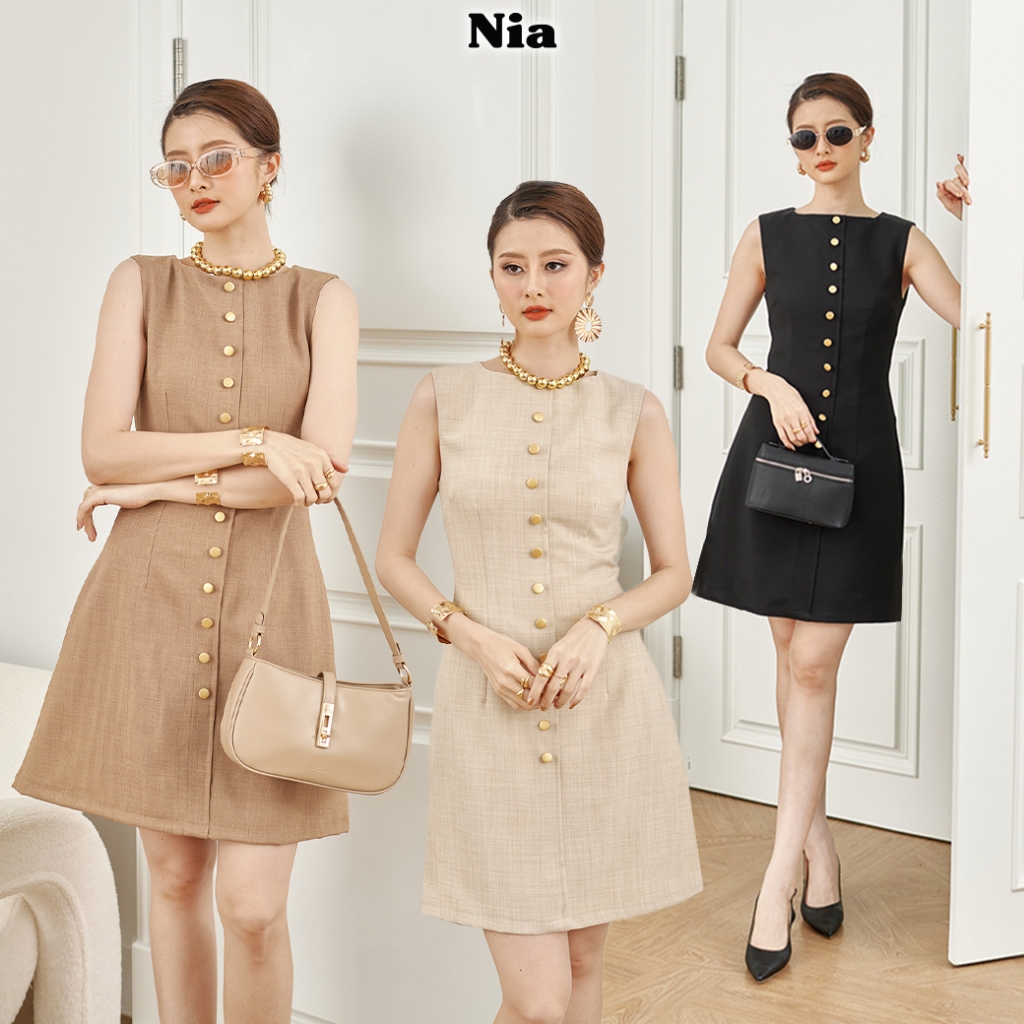 Nia-Kelly Dress เดรสสั้นแขนกุดคอเหลี่ยมปาด เข้ารูปทรงเอ ผ้าโซดา ยับยาก ...