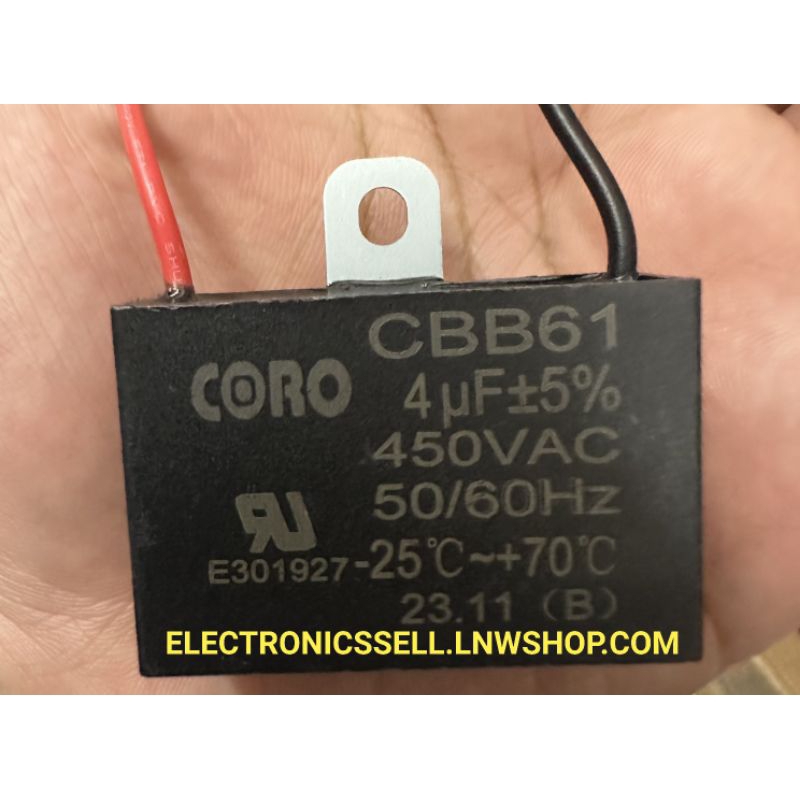 4UF450V คาปาซิเตอร์ 4UF 4MFD 450V AC CBB61 มีสาย ไฟ 4.0UF ยี่ห้อ CORO ...