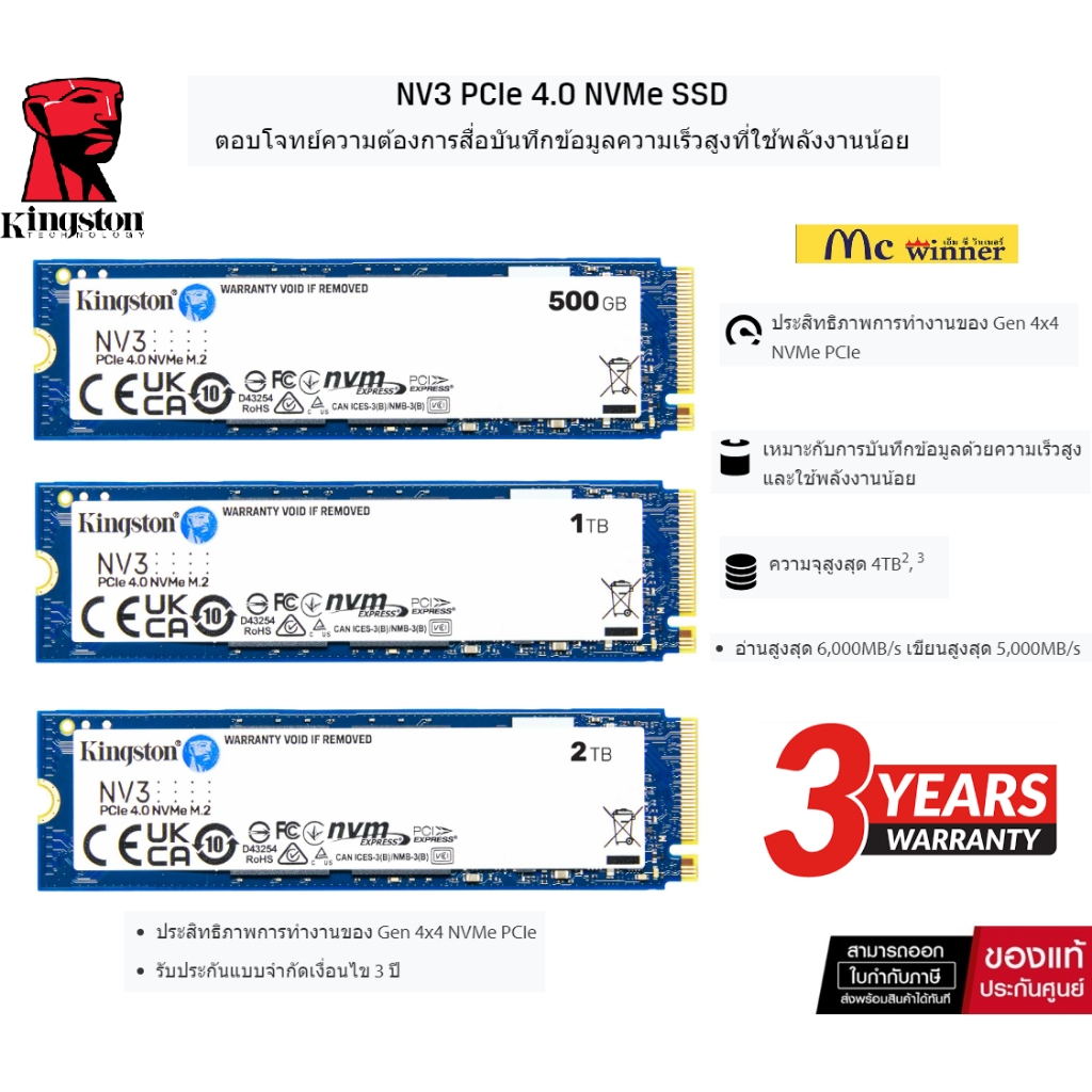 SSD (Gen 4x4 NVMe) Kingston M.2 NV3 PCIe 4.0 NVMe สูงสุด 6,000/5,000MB ...