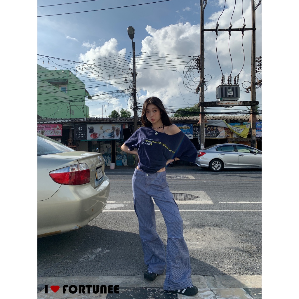 Fortunee เสื้อยืดคอกว้างแขนสั้น+กางเกงสก๊อตฟ้ายาวสำหรับผู้หญิงดีไซน์ลาย ...