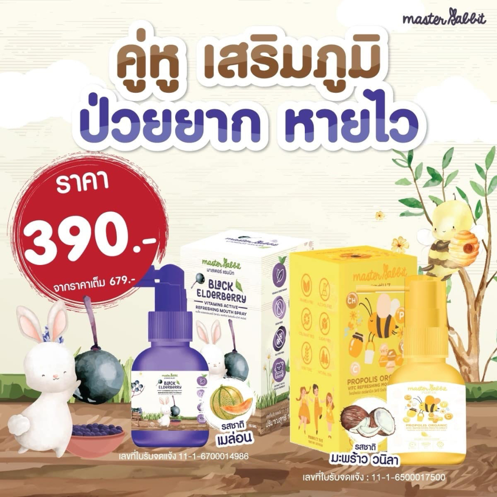 โพรโพลิส สเปรย์แก้เจ็บคอ Master Rabbit Propolis แบล็กเอลเดอร์เบอร์รี่ สำหรับเด็ก Black Elderber ...