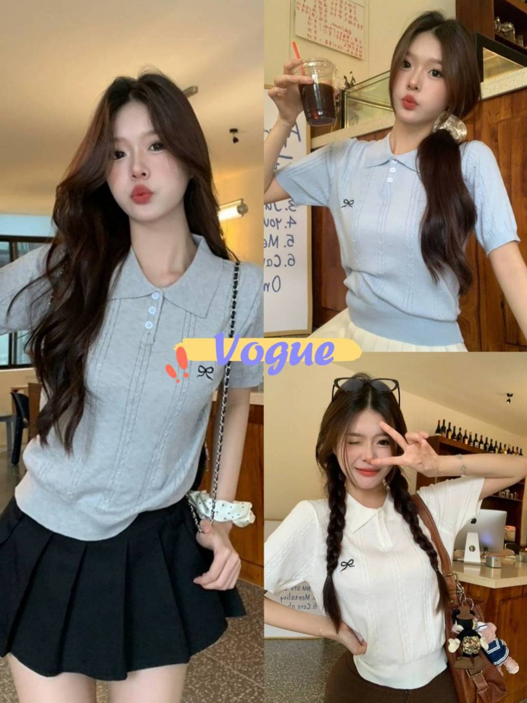 Vogue🌟พร้อมส่ง🌟 เสื้อครอปไหมพรม แขนสั้น คอปก ปักลายโบว์ ยืดพอดีตัว (YT23) | Shopee Thailand