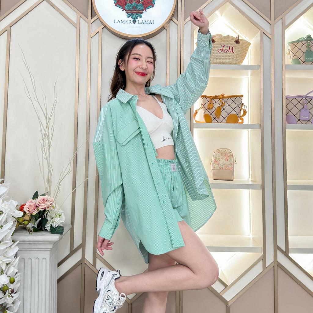 LM15 Ally Set งานชุดเชต 2ชิ้น เสื้อเชิ้ต กางเกงขาสั้นเอวสมอค 5สี ได้แก่ ...