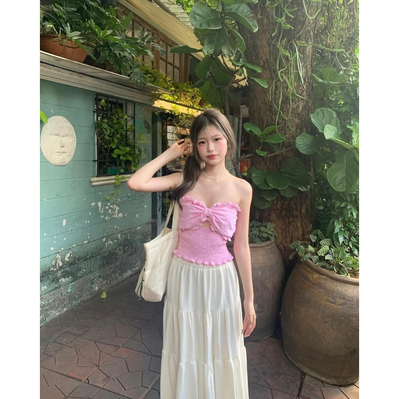 🎀🌷Cara - Pink & White Top 🌷🎀 เสื้อเกาะอกสม็อกทรงเข้ารูป ผ้าคอตตอนแท้100 ...
