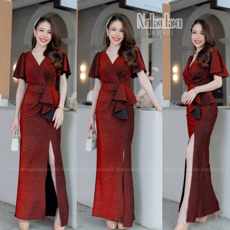 Dress ชุดราตรี JJ88 (ผ้าเพรช) รุ่น Tiana แขนกระดิ่ง ชุดเพื่อนเจ้าสาว ...