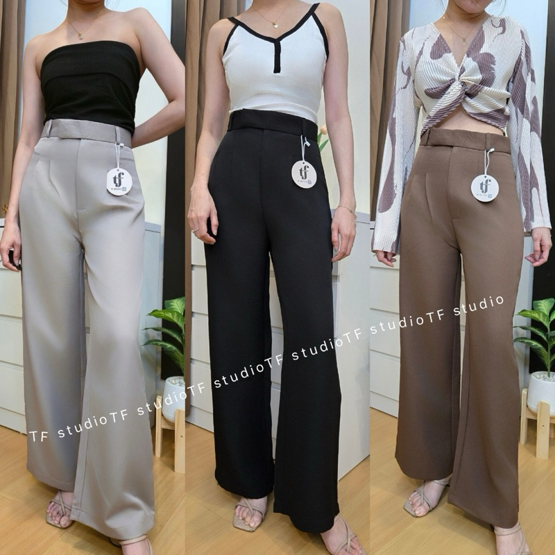 TF studio - basic tf กางเกงขายาวผู้หญิงเอวสูง ผ้าบาบี้ ทรงสวย ขากระบอก ...