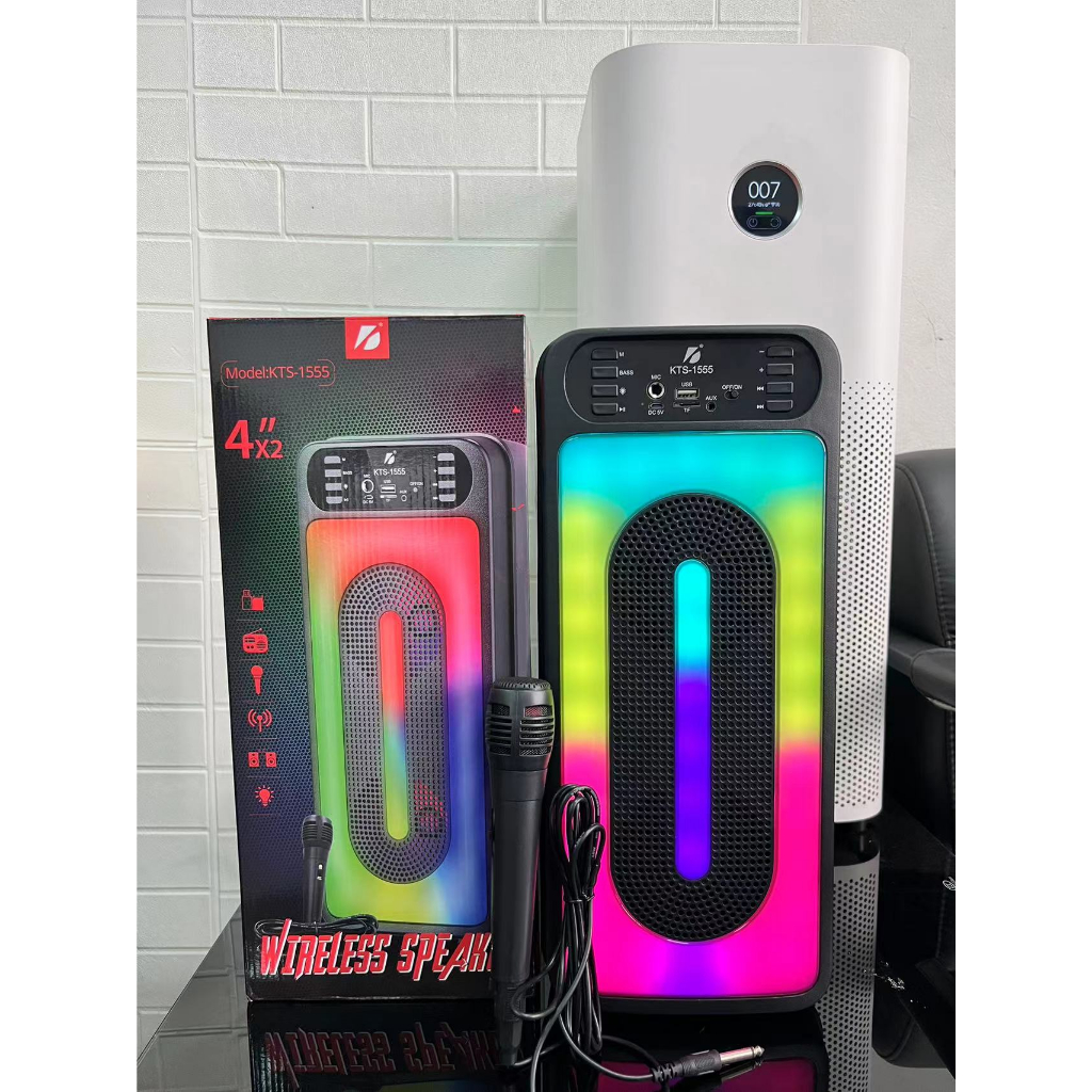 ลำโพงบลูทูธ รุ่นKTS-1555 ดอก4X2นิ้ว แถมไมค์สาย ปรับเบส/เสียง/ไฟได้ สามารถเชื่อมได้2ตู้ ทรงสูงไฟ ...