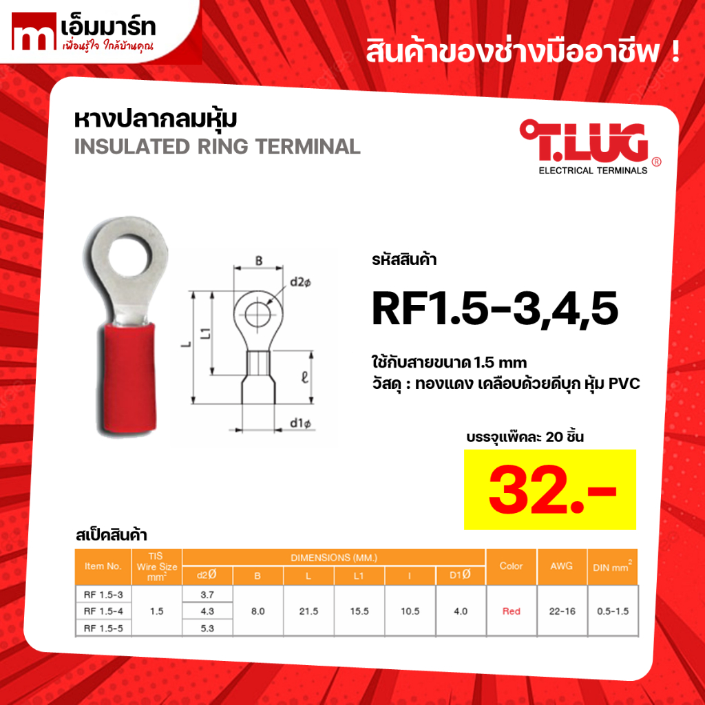 หางปลากลมหุ้ม หางปลา สายไฟ ทีลัก T.LUG INSULATED RING TERMINAL ของเเท้ ย้ำสายไม่บาน RF1.5-3 RF1 ...