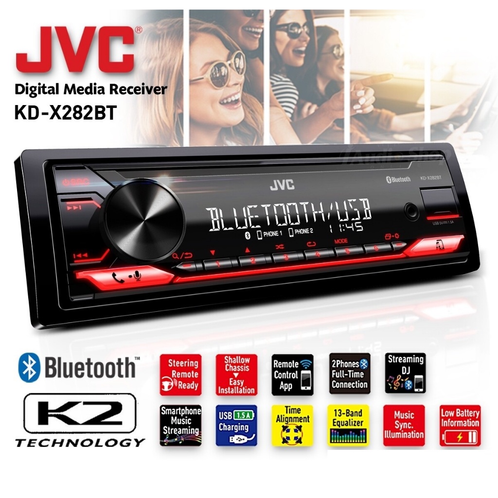 JVC KD-X282BT เครื่องเล่นติดรถยนต์ 1DIN NO CD พร้อมช่องต่อ USB/AUX ด้านหน้า มาพร้อมชุดสาย 1 ชุด ...