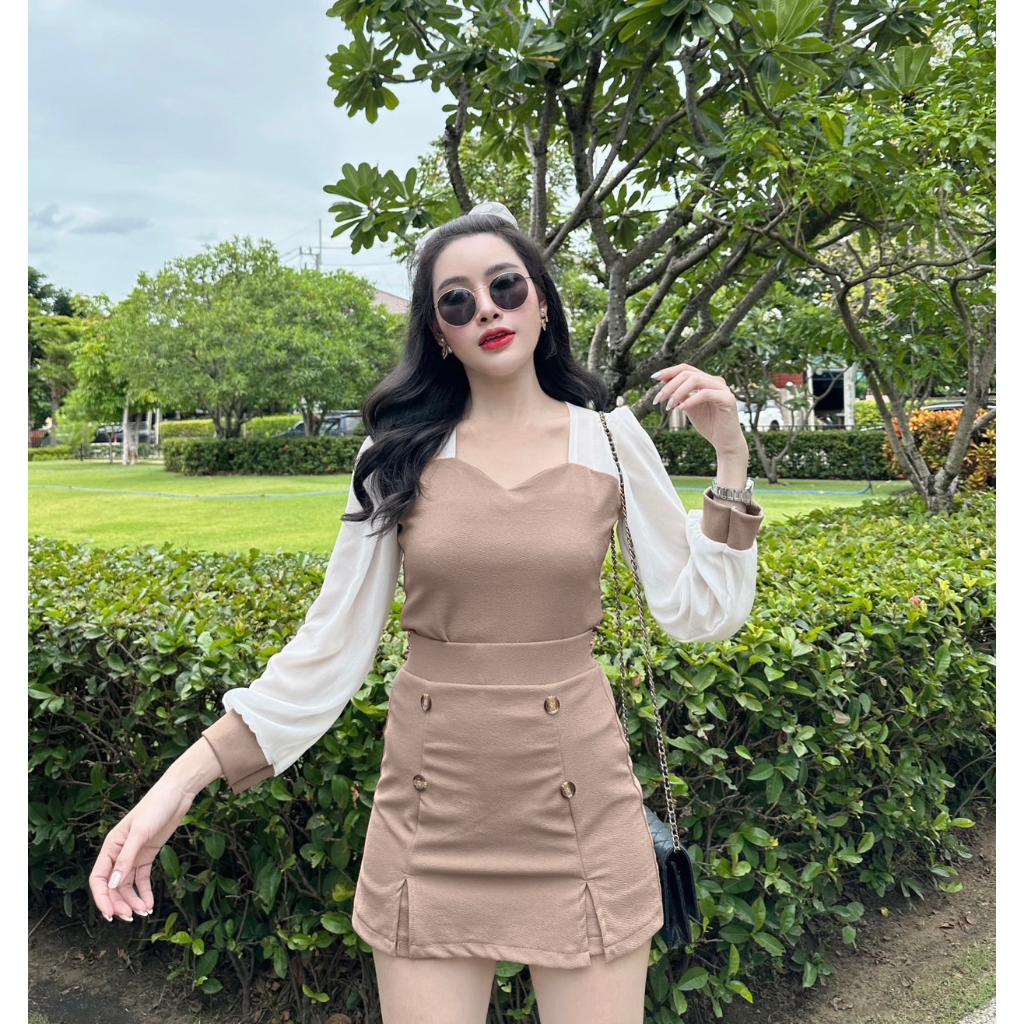 พร้อมส่ง ชุดเซตผ้าวูลเวฟ เสื้อแขนยาวผ้าซีฟองอกทรงหัวใจ+กางเกงกระโปรงแต่งกระดุมไม้ (F72,F73 ...