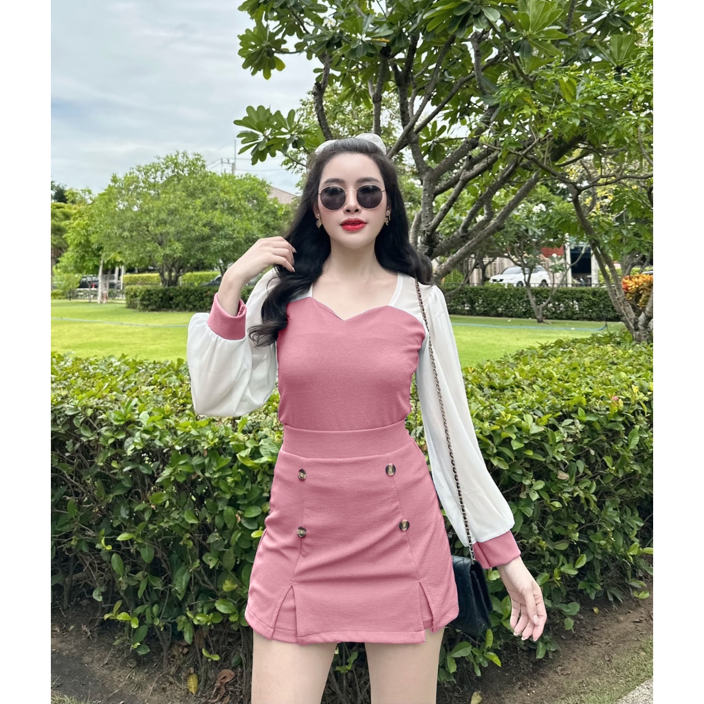 พร้อมส่ง ชุดเซตผ้าวูลเวฟ เสื้อแขนยาวผ้าซีฟองอกทรงหัวใจ+กางเกงกระโปรงแต่งกระดุมไม้ (F72,F73 ...