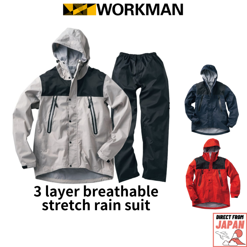 WORKMAN 3 layer breathable stretch rain suit jacket color silver gray, red, navy size S M L LL ...