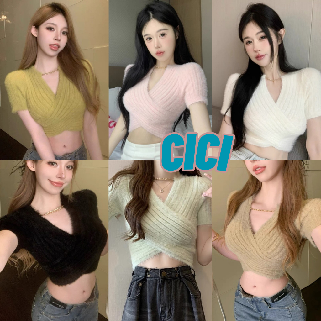 Cici(NO. M1098)เสื้อครอปไหมพรมแขนสั้น ขนมิ้ง ดีเทลเว้าอกแต่งโซ่ ลุคสาวแซ่บห้ามพลาด | Shopee Thailand