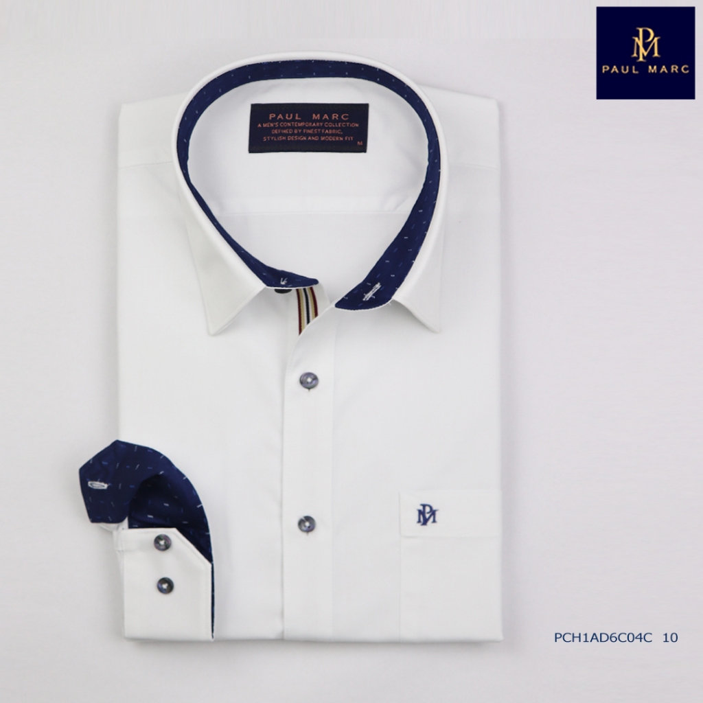 PAUL MARC เสื้อเชิ้ตแขนยาว สีขาว slim fit Signature Twill ดีเทลแต่งผ้า ...