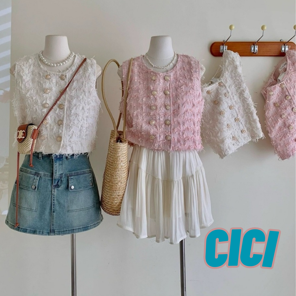 Cici(NO.3155)เสื้อแขนกุดผ้าทวิต กระดุมจริง มีซับใน ดีเทลปักพู่รอบตัว ใส่แล้วเรียบหรู สไตล์เกาหลี ...