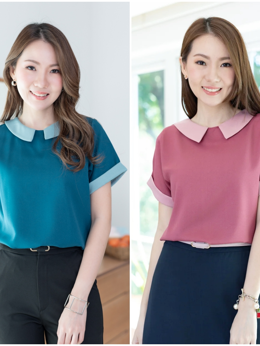 Narinari : MT3519 Short Sleeve Collar Blouse เสื้อทำงาน | Shopee Thailand