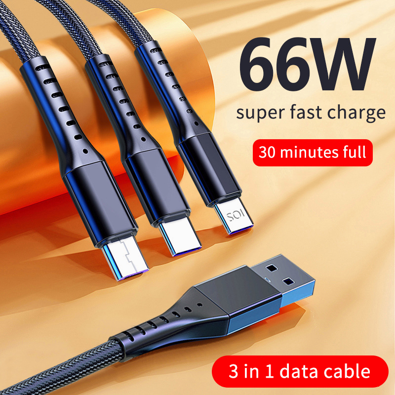 Data 3-in-1 Nylon Fast Charge 6A Micro + Type C+ iOS 120cm Support Fast ...