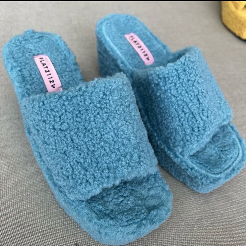 FLAT2112 FS0005 : FLUFFY TEDDY SLIDES รองเท้าขนปุกปุยนุ่ม ส้นตึก ของแท้ ...