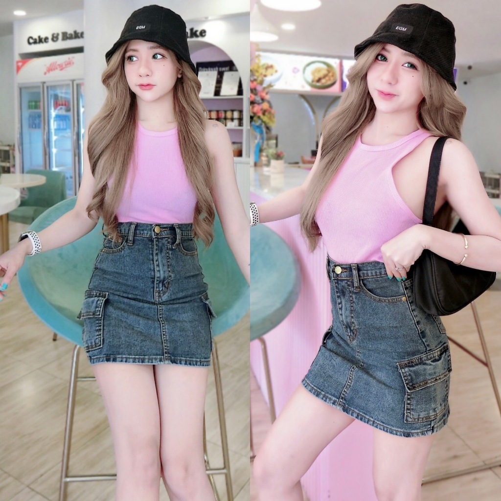 Cc jeans 048 S-5XL กระโปรงยีนส์ แบบสั้น คาร์โก้ สียีนส์สนิม | Shopee Thailand