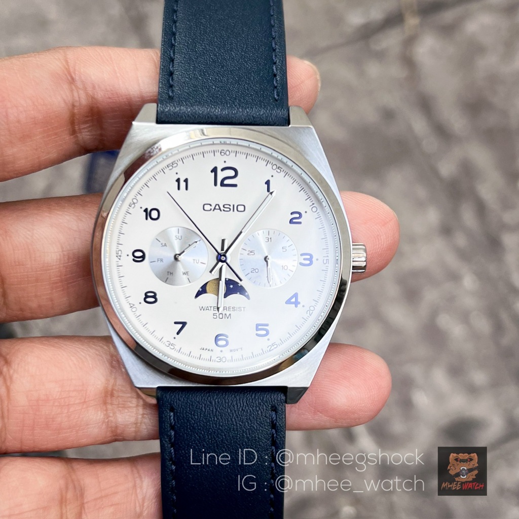 Casio Chronograph Moon Phase White Dial Navy Blue Leather Strap ...