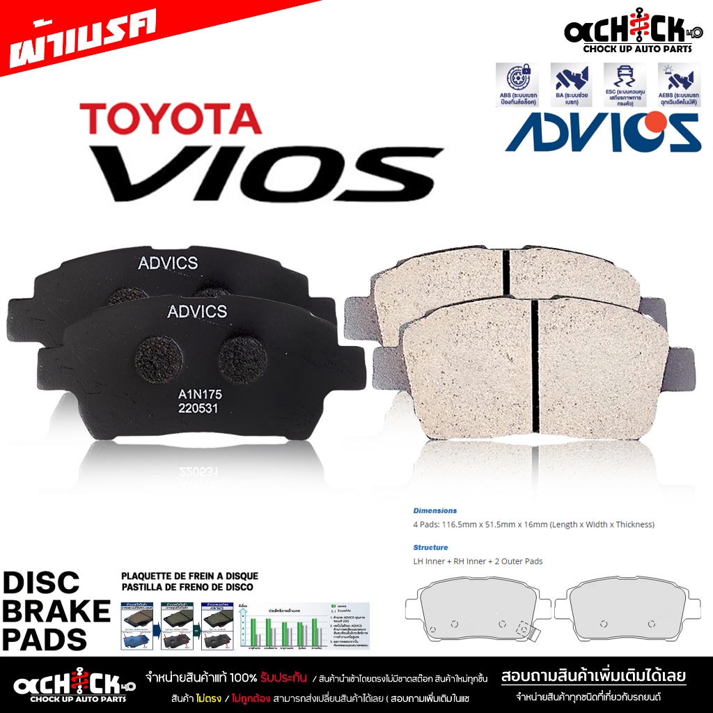 Advics ผ้าเบรค หน้า อัลติส,วีออส TOYOTA ALTIS VIOS ( รหัส A1N175 ) ผ้า ...