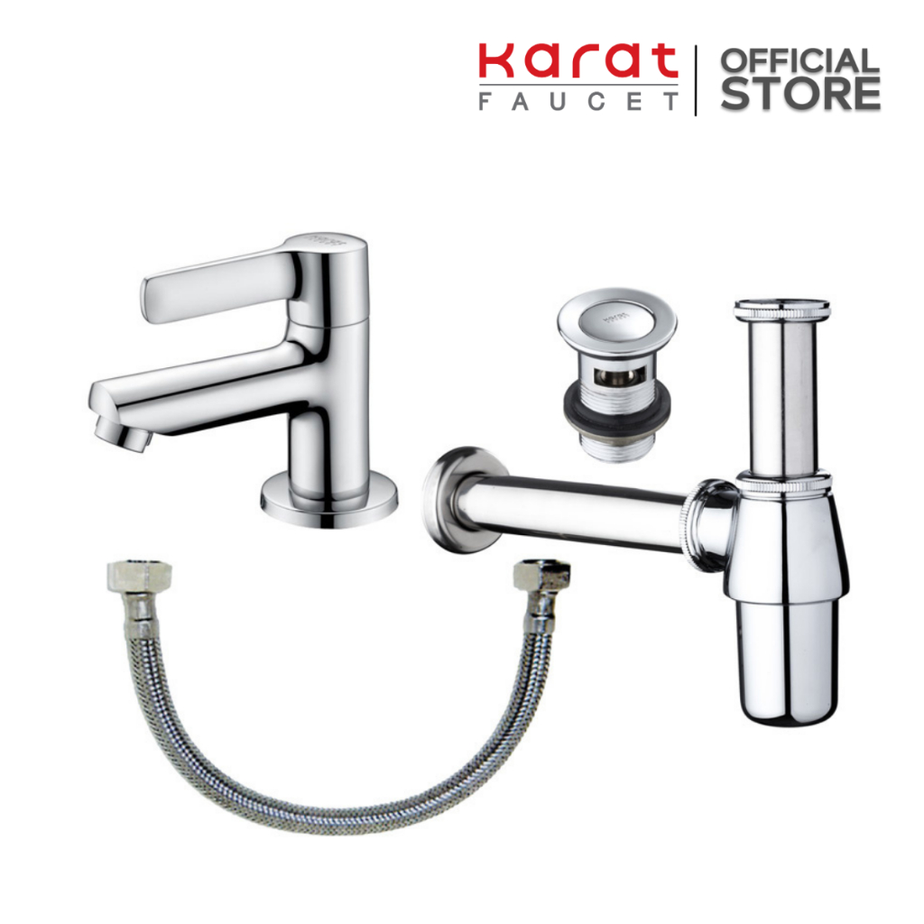 Karat Faucet ชุดเซ็ทก๊อกเดี่ยวอ่างล้างหน้า สะดืออ่าง ท่อน้ำทิ้งและสายน้ำดียาว 16 นิ้ว รุ่น KFA ...