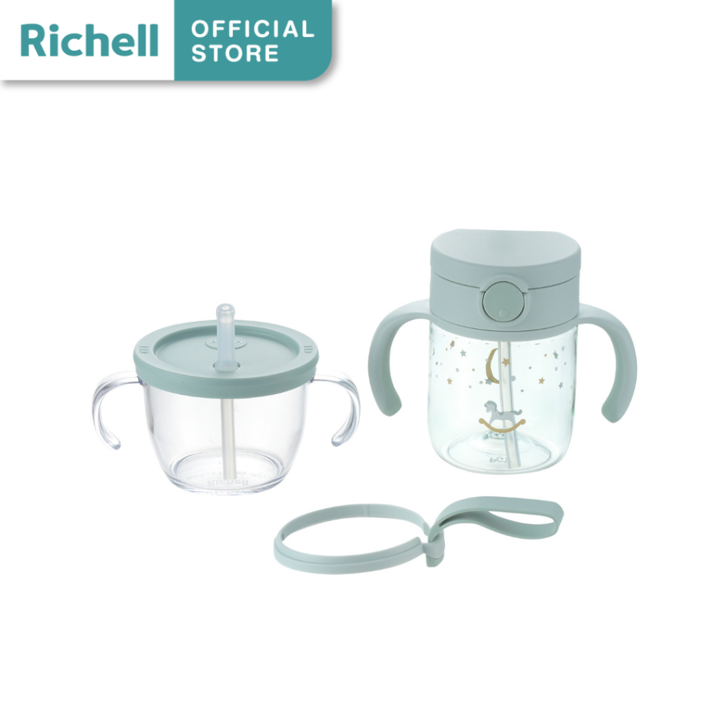 RICHELL ถ้วยฝึกดูดรุ่นใหม่ หลอดกันสำลัก มีปุ่มกดช่วยดันน้ำหลอดดีไซน์ใหม่ 150มล. + แก้วหลอดดูดกัน ...