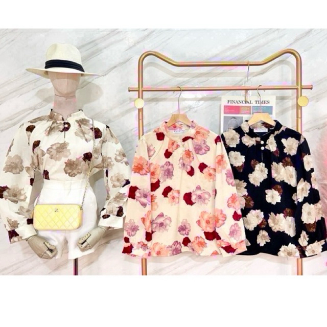 KM08 เสื้อคอจีน แต่งกระดุมมุก ลายดอกโบตั๋น | Shopee Thailand