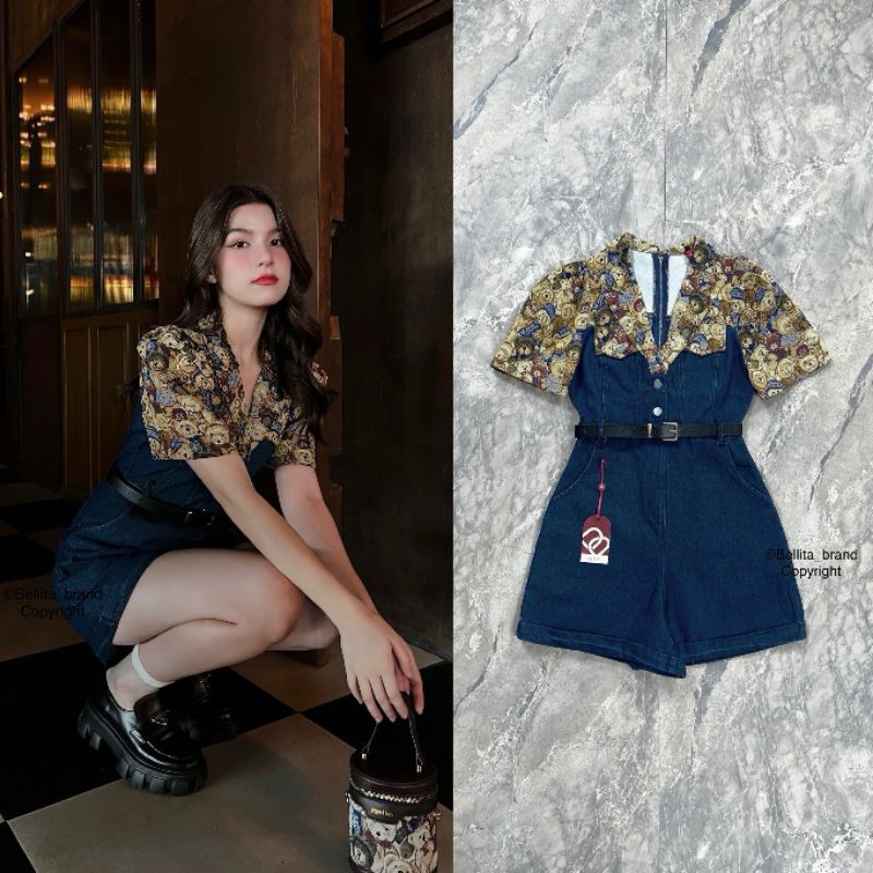 Bellita จั๊มสูทยีนส์แต่งผ้าทอลายหมี มือ 1 Size S | Shopee Thailand