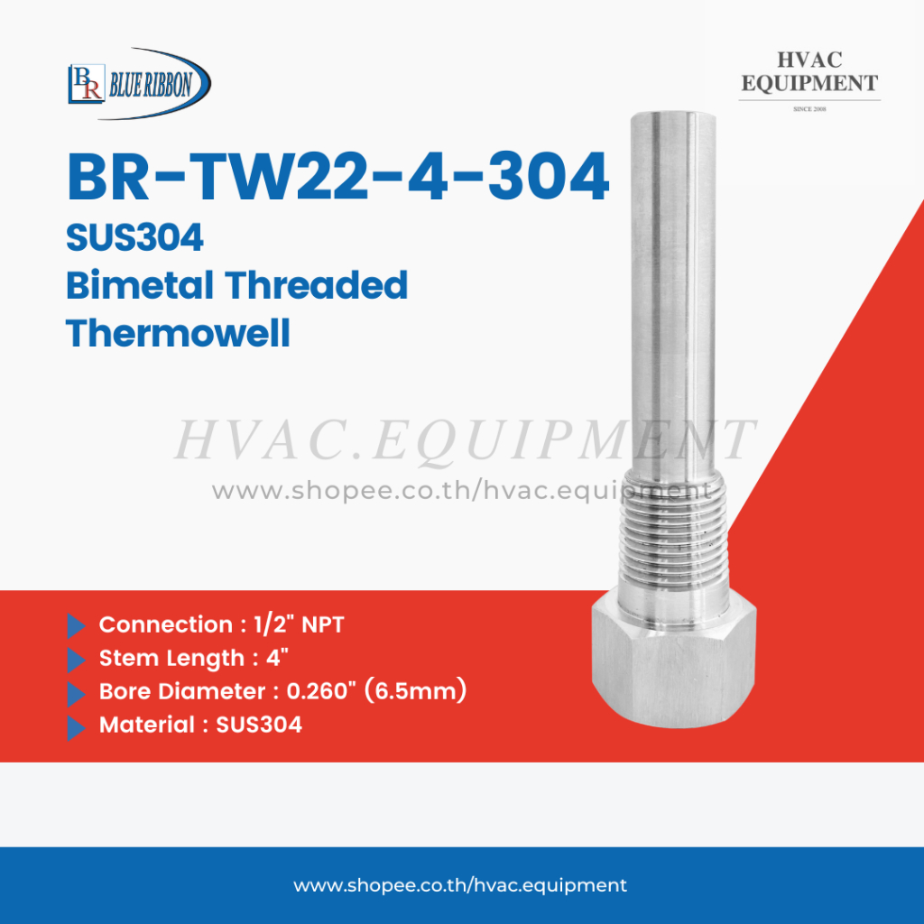 SUS304 Thermowell for Bimetal Thermometer, เทอร์โมเวลสแตนเลส เกลียว 1/2 ...