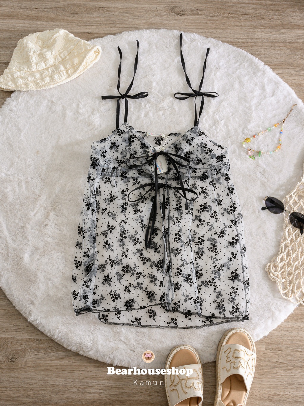 Kamun สายเดี่ยวซีทรูเกาหลีเกา♡‧₊˚ ผ้าตาข่ายพิมพ์ลาย | Shopee Thailand