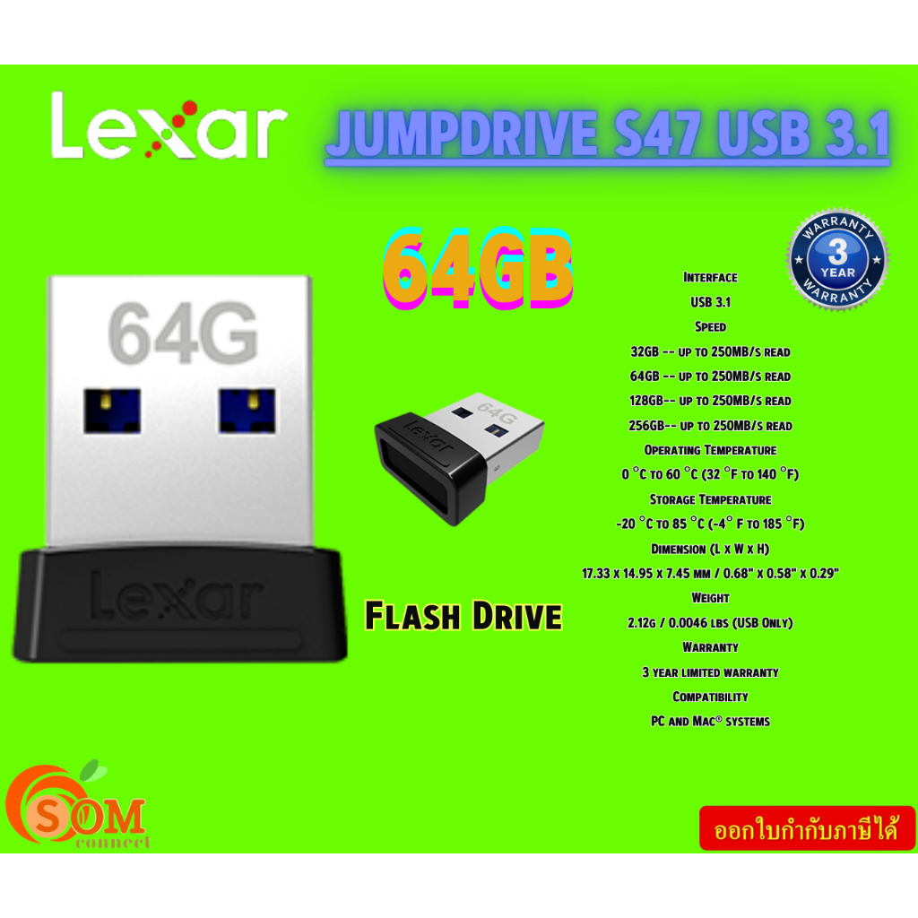 (64GB) Lexar Flash Drive (JumpDrive S47 64GB-BK) USB 3.1 up to 250MB/s ...