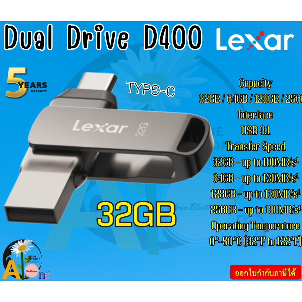 LEXAR 32GB Flash Drive (Dual Drive D400-BK 32GB) up to 100MB/s Type-C ...