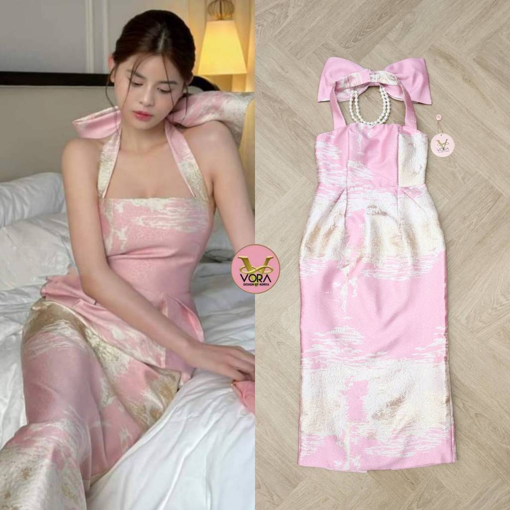 VORA Dress ยาว สายเดี่ยวคล้องคอ ด้านหลังแต่งโบว์ใหญ่และสร้อยไข่มุก | Shopee Thailand