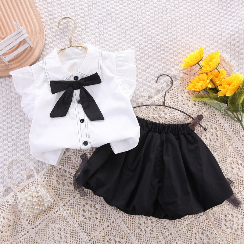 Babyonline(Y098)H6 ชุดเซ็ตเสื้อแขนสั้นคอปกแต่งโบว์พร้อมกางเกงขาสั้นทรง ...