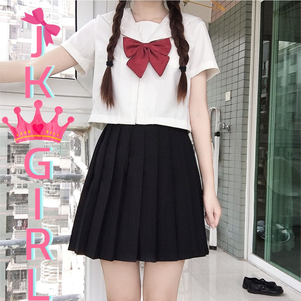 JK GIRLชุดเครื่องแบบ JKเสื้อคอปกประดับโบว์สีแดง กระโปรงเอวสูงJK-010 | Shopee Thailand