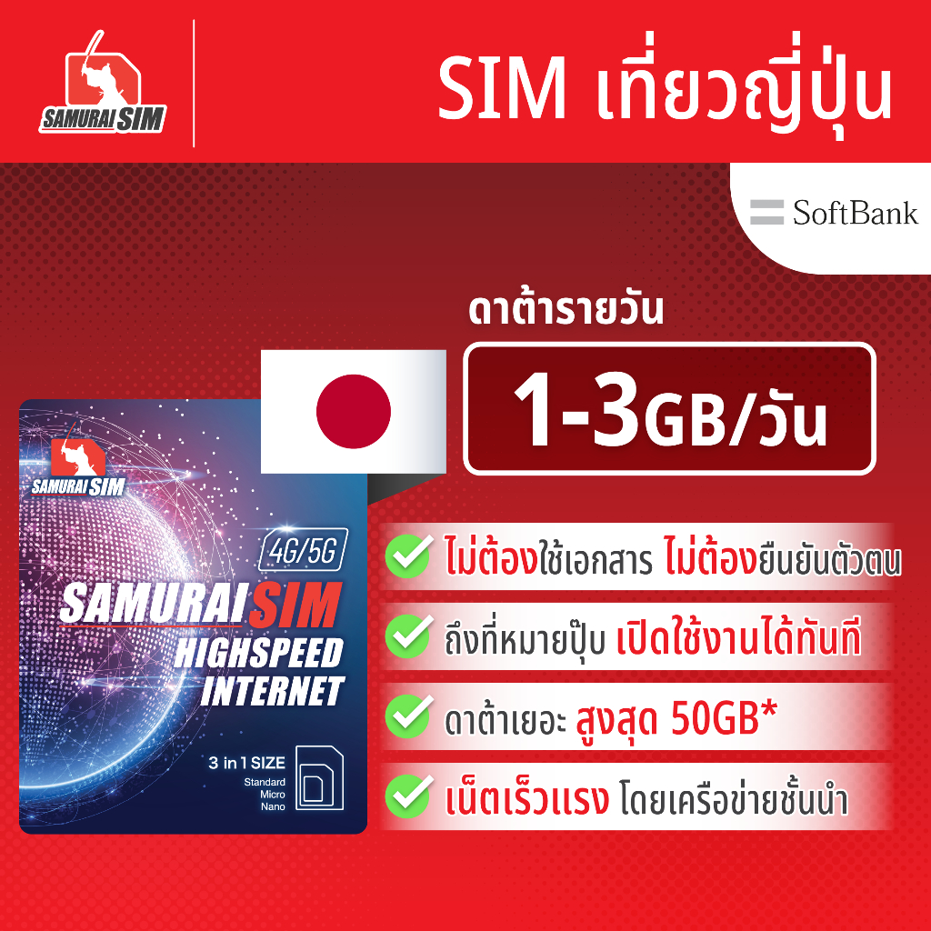 Samurai SIM ซิมเน็ตญี่ปุ่น (SOFTBANK) อินเตอร์เน็ตรายวัน 1GB-3GB ต่อวัน ...
