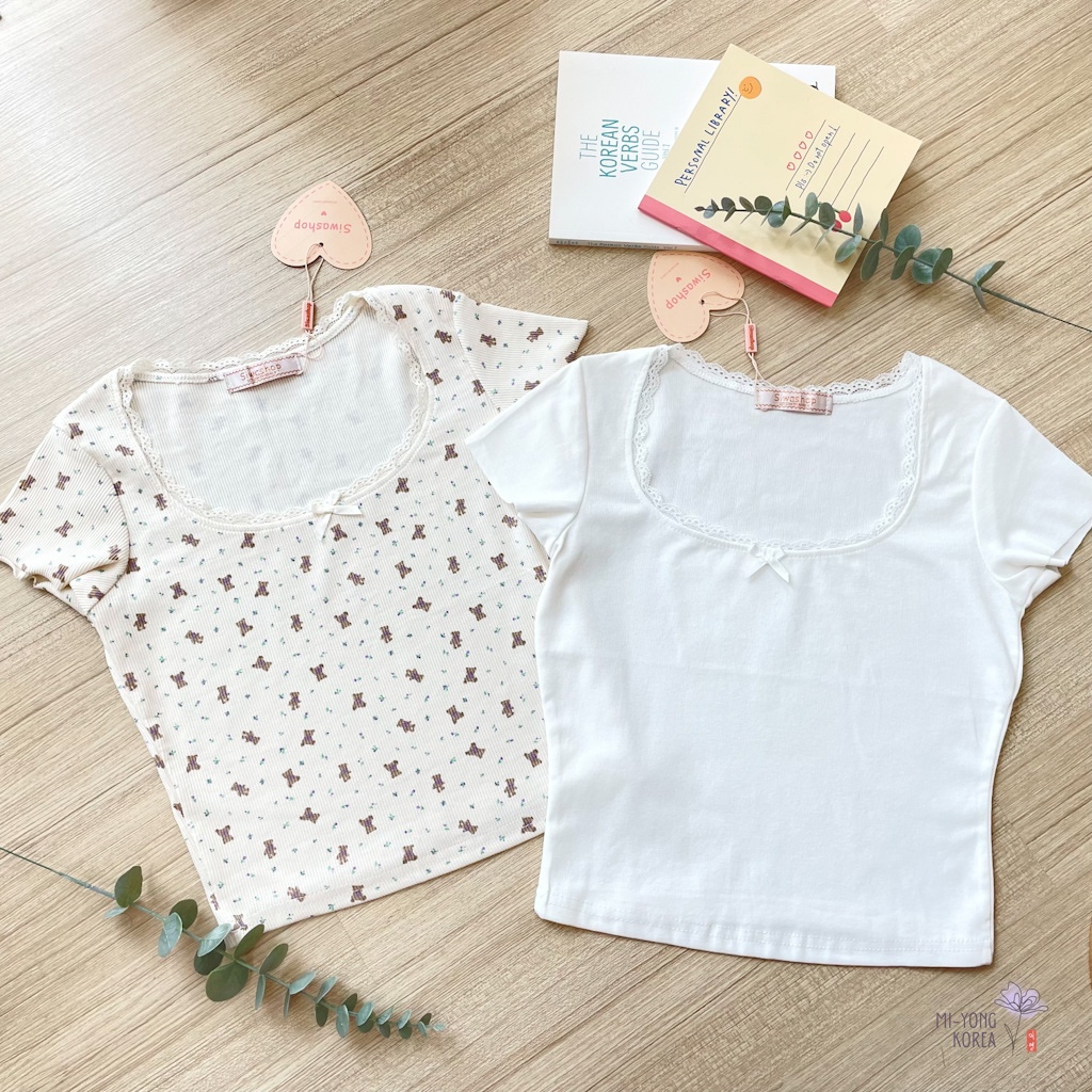 Miyong เสื้อครอปรัดรูป เสื้อยืดผ้าคอตตอน คอยู ผ้าหนานุ่ม ลายน่ารัก ...