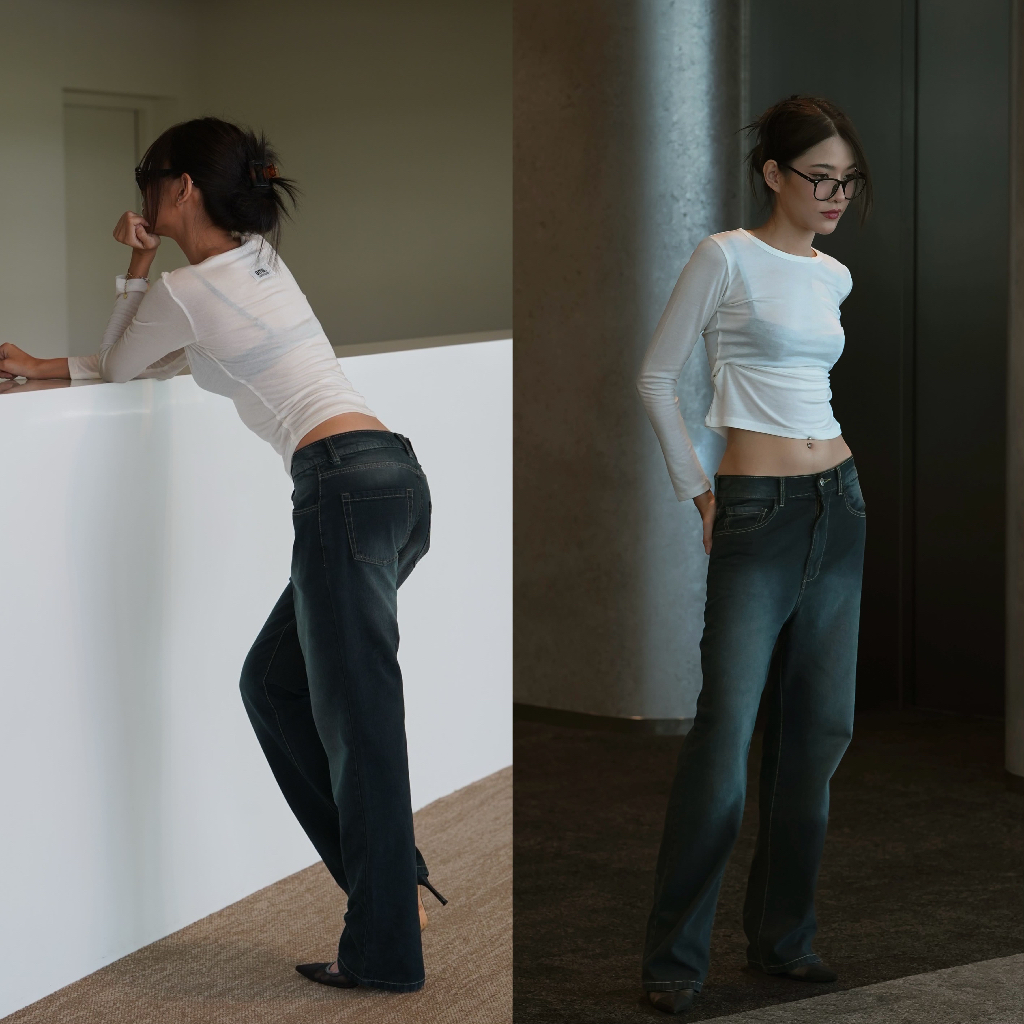 ams.commune - กางเกงยีนส์ทรงกระบอกสีดำ | Shopee Thailand