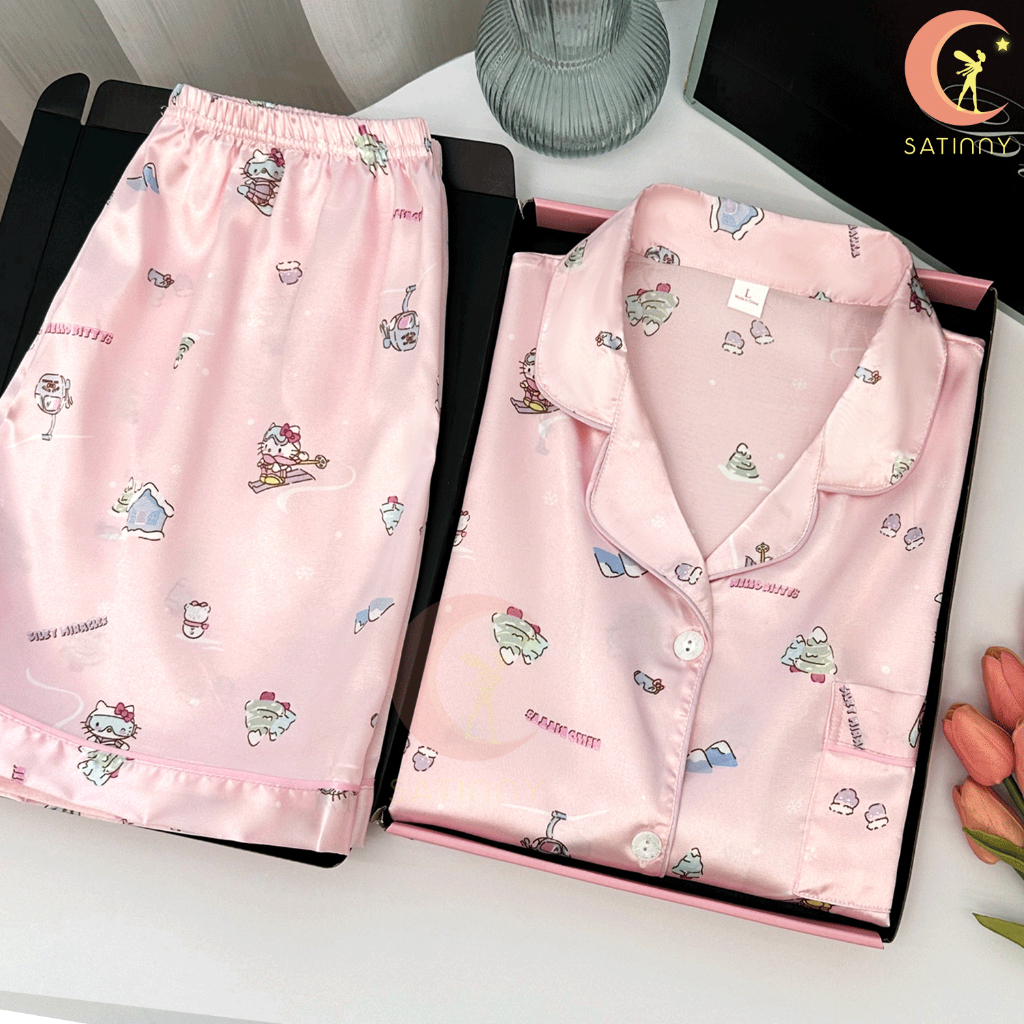 JJ22ชุดนอนSatinny ลาย Kittyน่ารักใส่ละปั๊วะแน่นอน ระบายอากาศ ไม่ร้อน ผ้าดีมาก สไตล์เจ้าหญิง ...