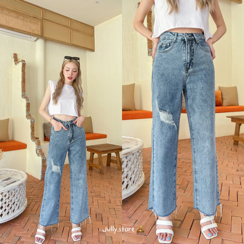 ยีนส์กระบอกใหญ่ แต่งขาด Tally Jeans | Shopee Thailand