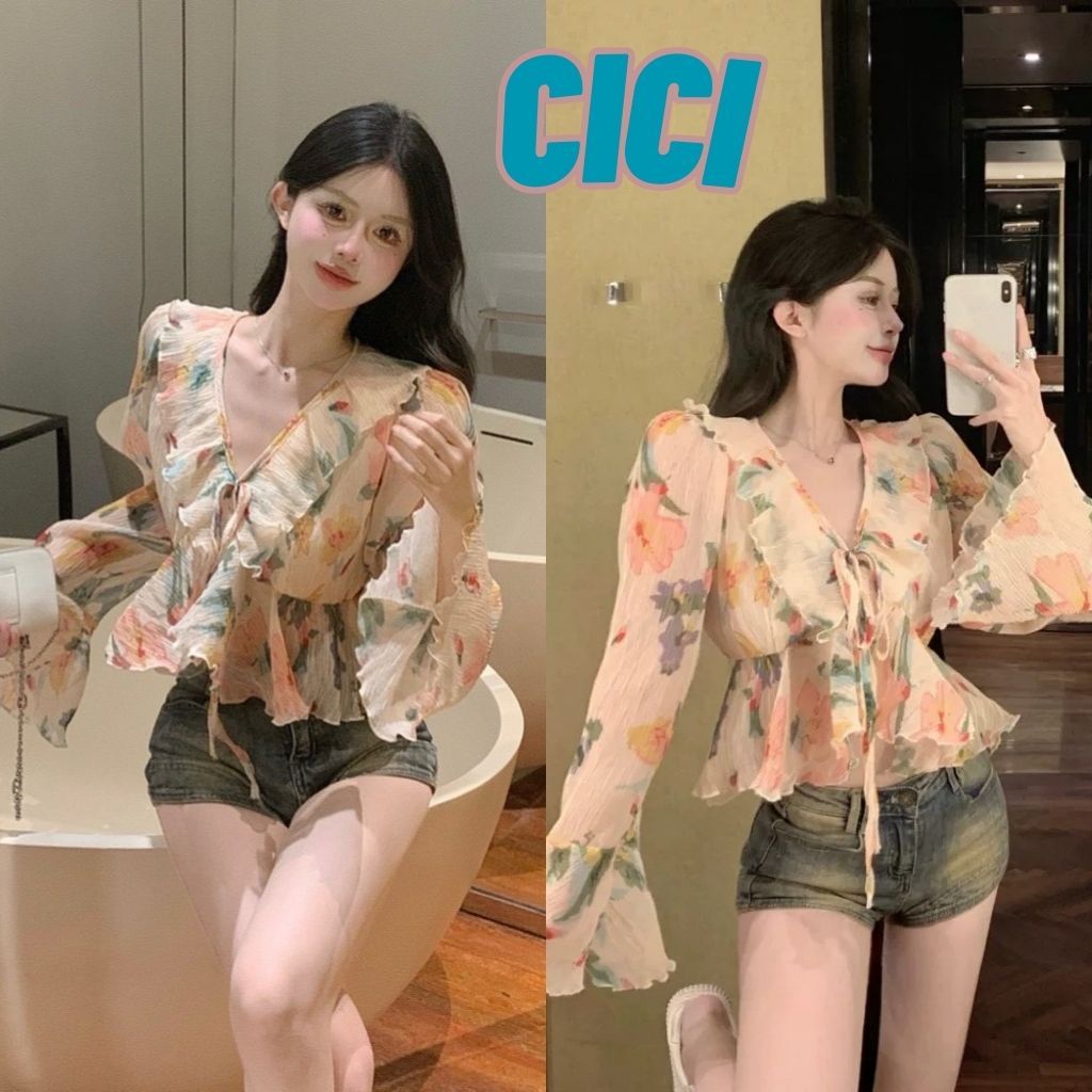 Cici(NO. J989)เสื้อเชิ้ตแขนยาวdetail ผูกโบว์ด้านหน้าพิมพ์ลายดอกไม้ตรงแขนแต่งชายระบายสไตล์ ...