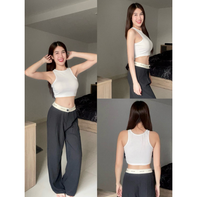 กางเกงขากระบอก - P721 เอวสูง แต่งขอบ miu mui กระดุมซิปหน้า | Shopee Thailand