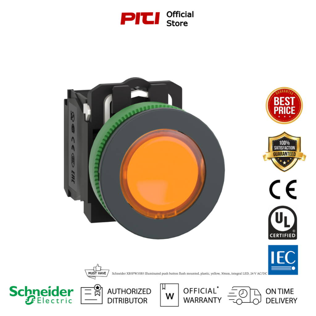 Schneider XB5FW35B5 Illuminated push button flush mounted, plastic, yellow, 30mm. | Shopee Thailand